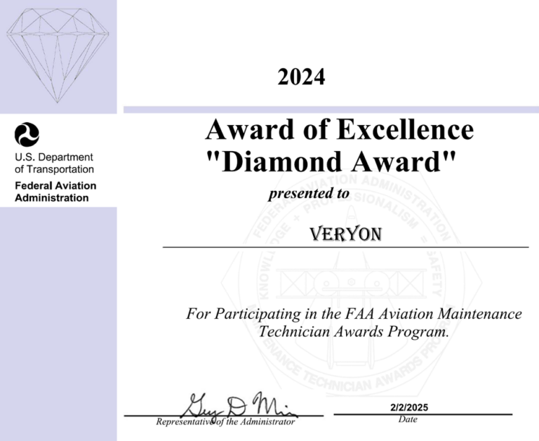 Veryon Earns Prestigious FAA AMT Diamond of Excellence Award